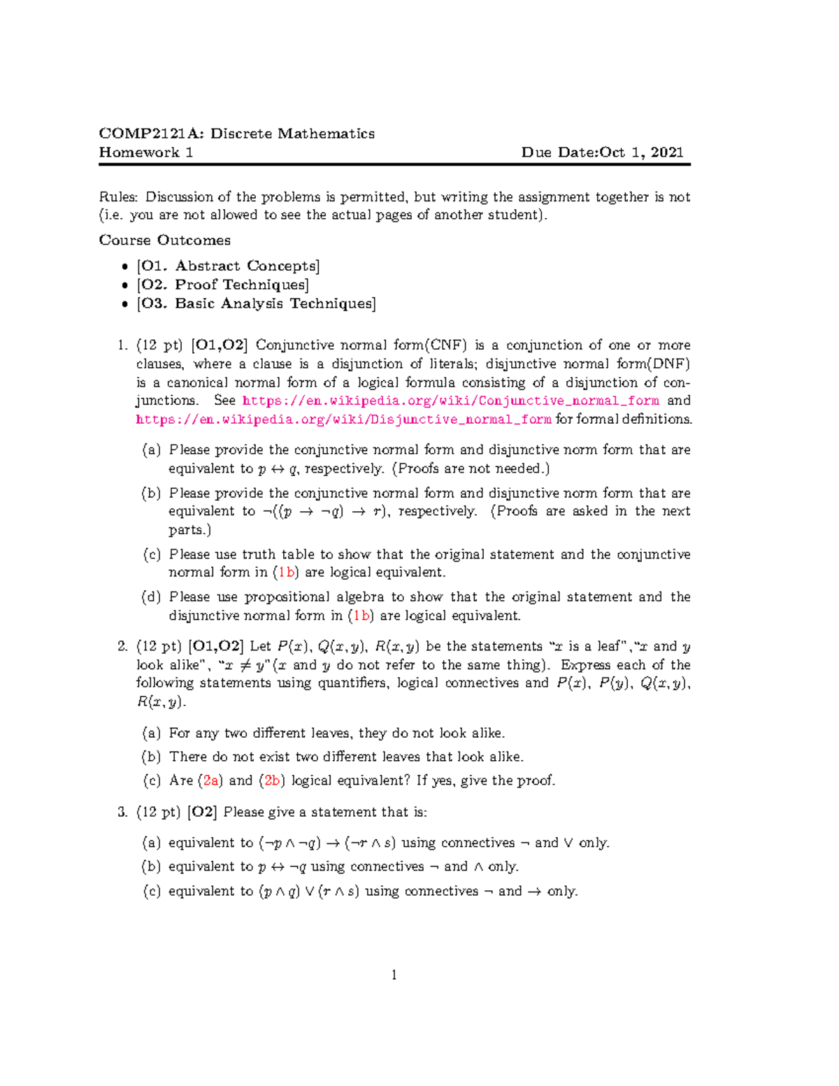 Hw1 assignment answers from lecturer - COMP2121A: Discrete Mathematics Homework 1 Due Date:Oct 1 ...