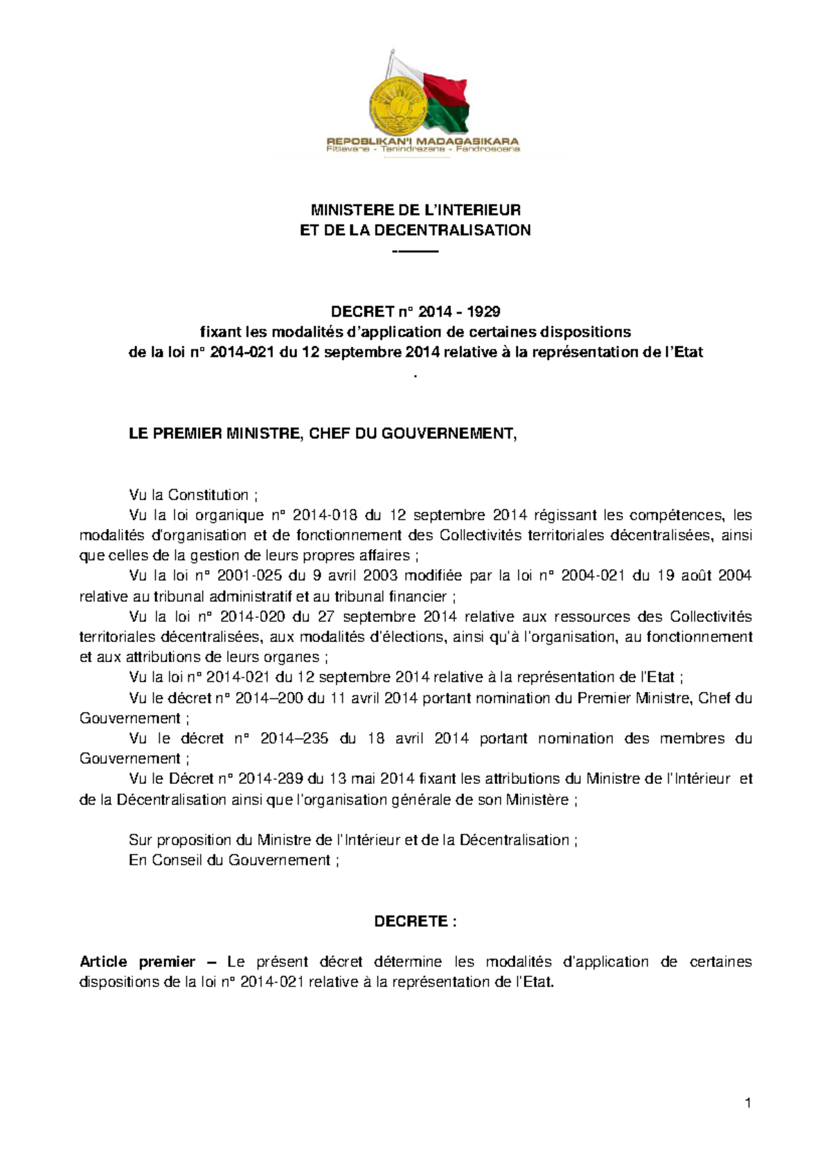 Decret 2014 1929 application loi RE - MINISTERE DE L’INTERIEUR ET DE LA ...