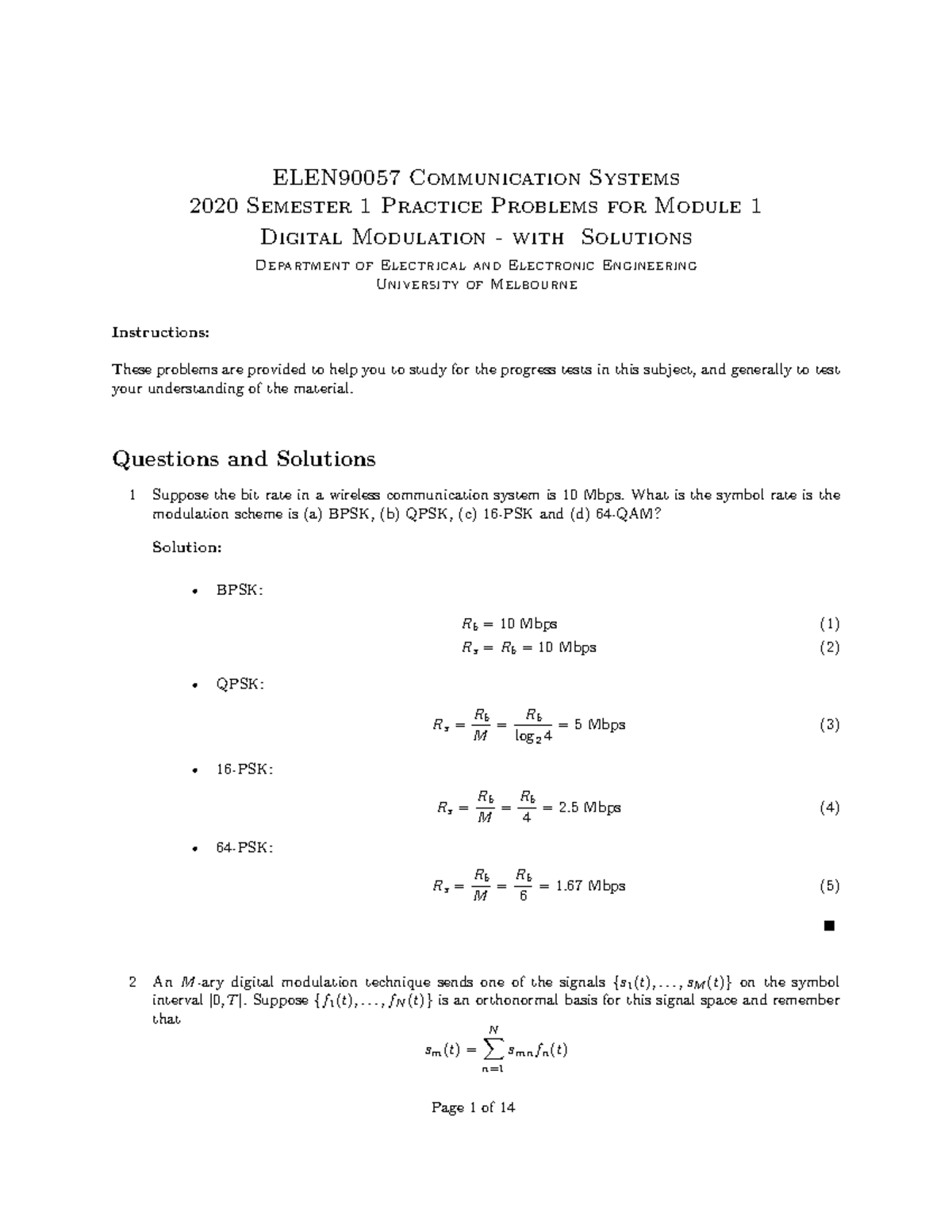 Module 1 Solutions - dsagsdfgeg - ELEN90057 Communication Systems 2020 ...
