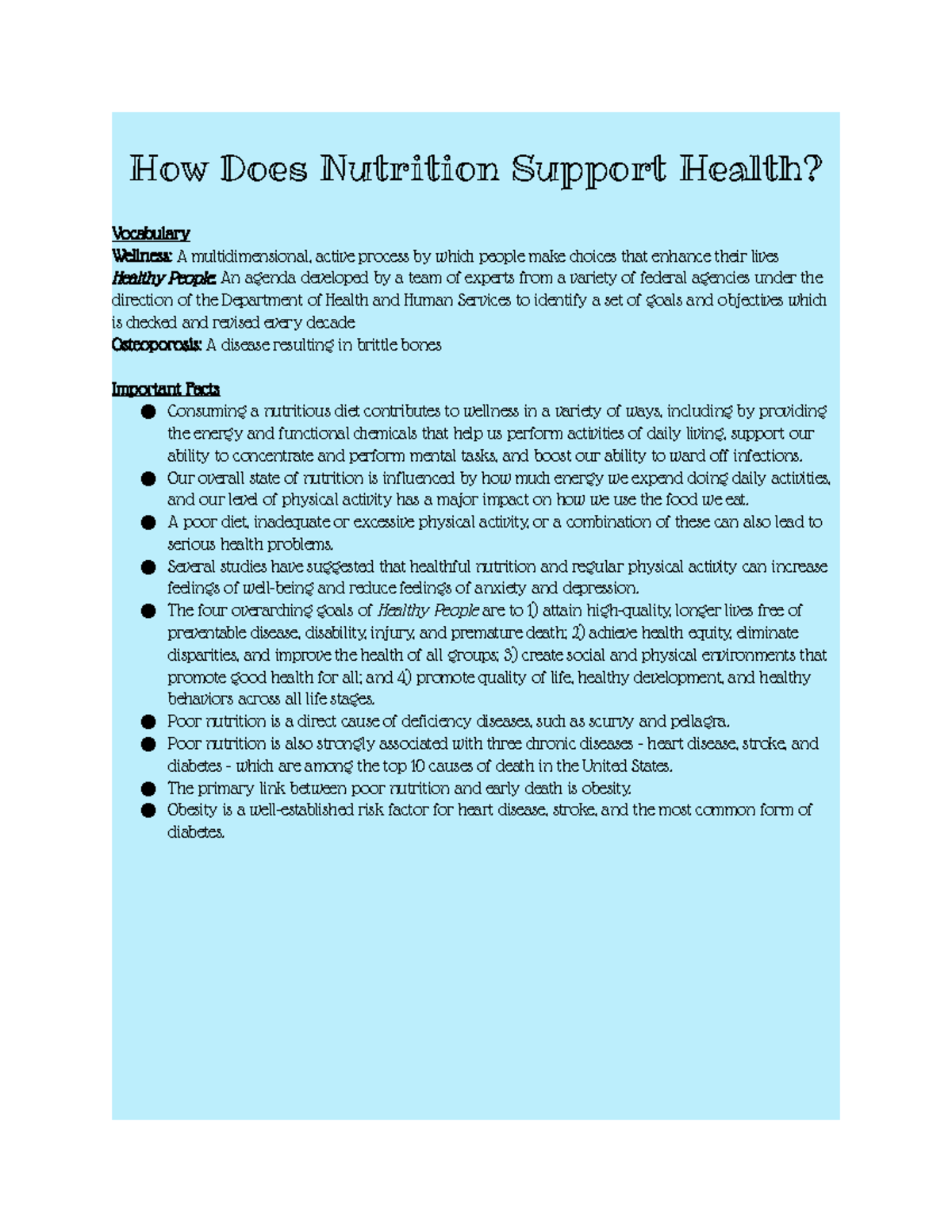 Ch. 1.2 Notes - How Does Nutrition Support Health? Vocabulary Wellness ...