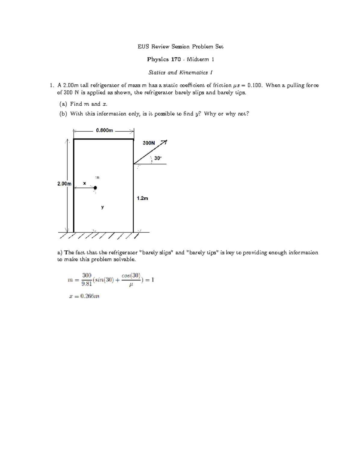 EUS PHYS 170 Package 2021W Term 1 - EUS Review Session Problem Set ...