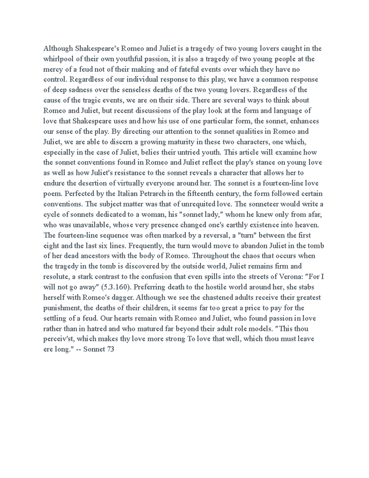 Sonnet in Romeo and Juliet - Although Shakespeare’s Romeo and Juliet is ...