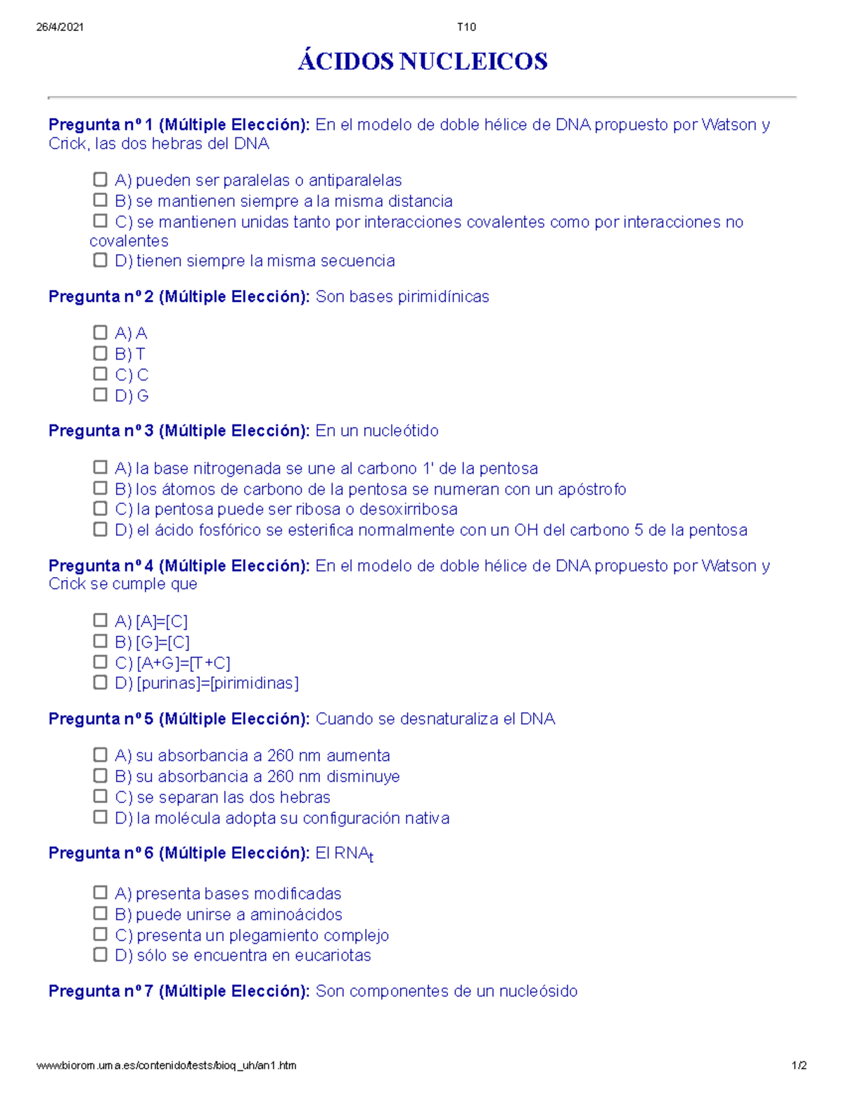 Taller acidos nucleicos - 26/4/2021 T biorom.uma/contenido/tests/bioq ...