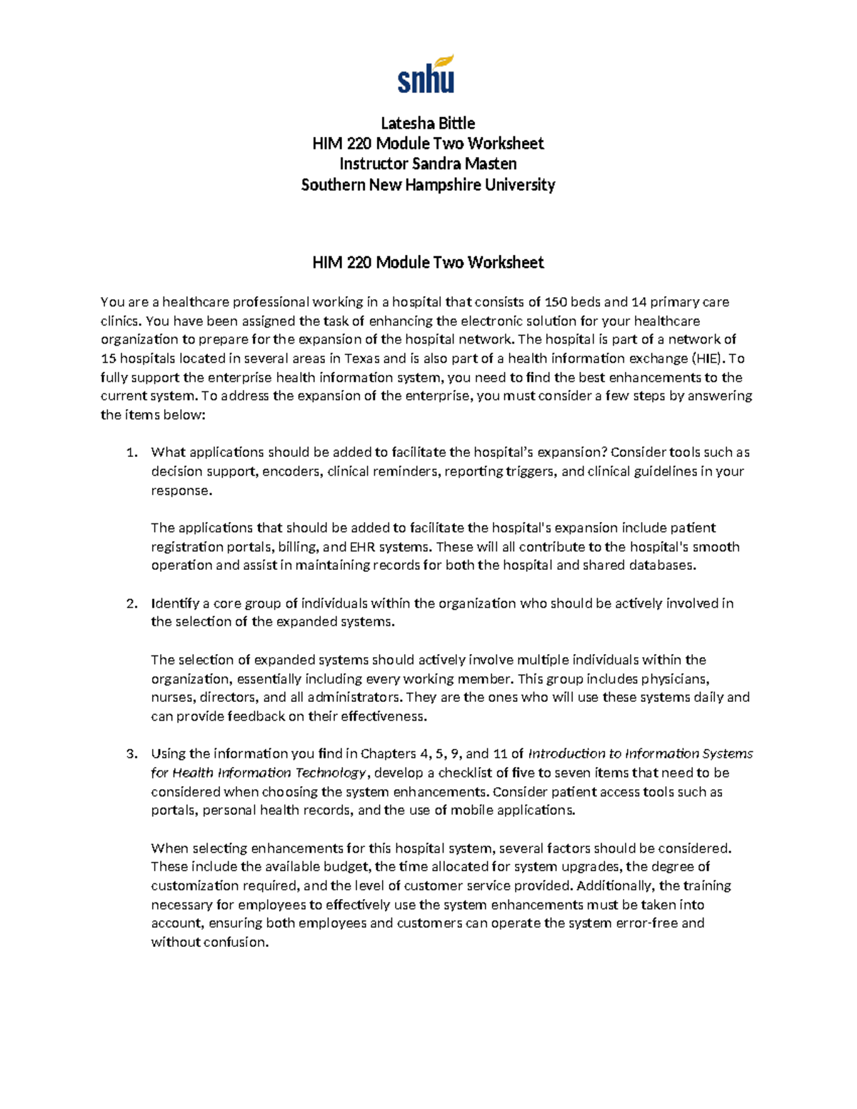 HIM 220 Module Two Worksheet - Latesha Bittle HIM 220 Module Two ...