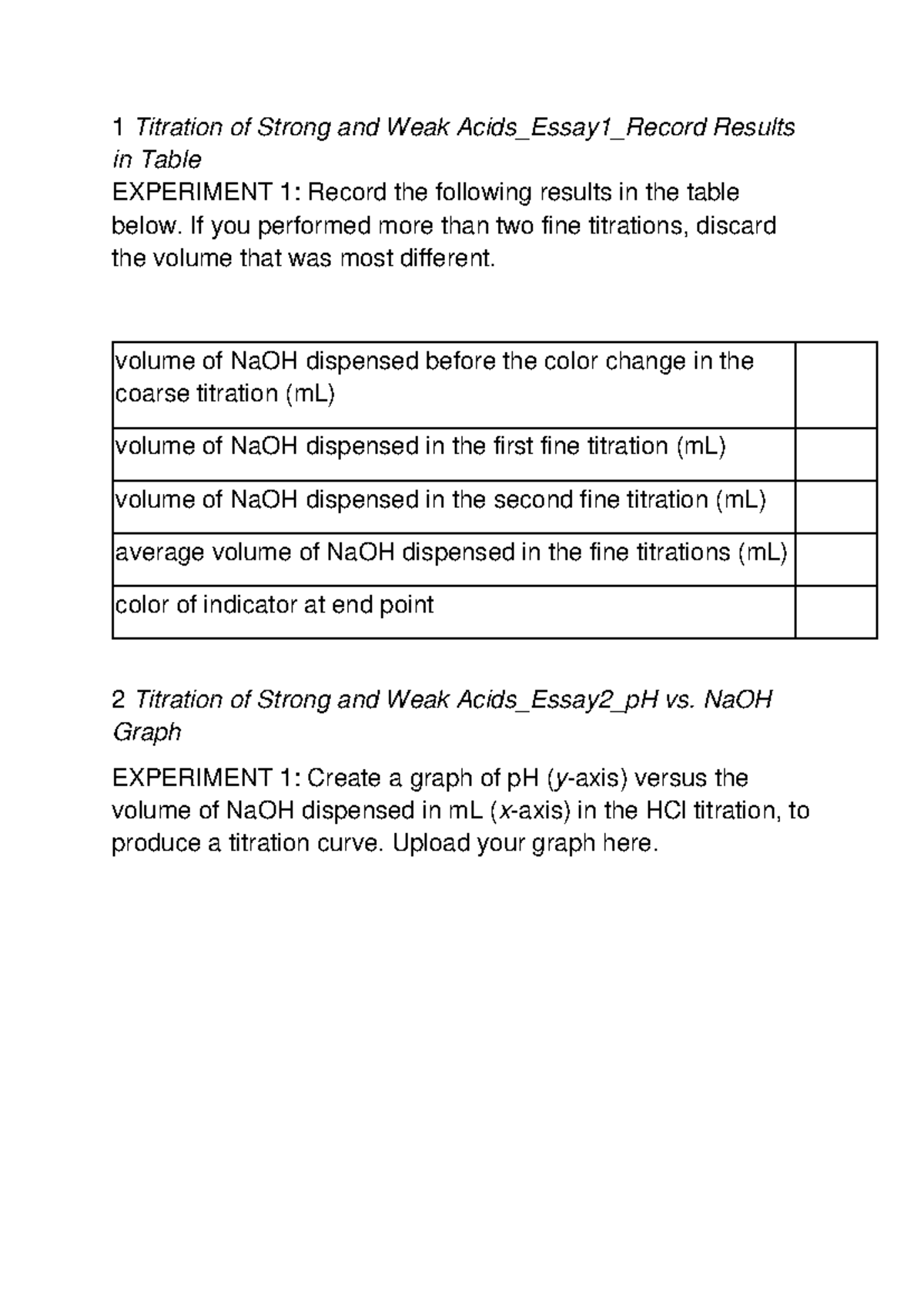 Worksheet Titration of Strong and Weak Acids - 1 Titration of Strong ...