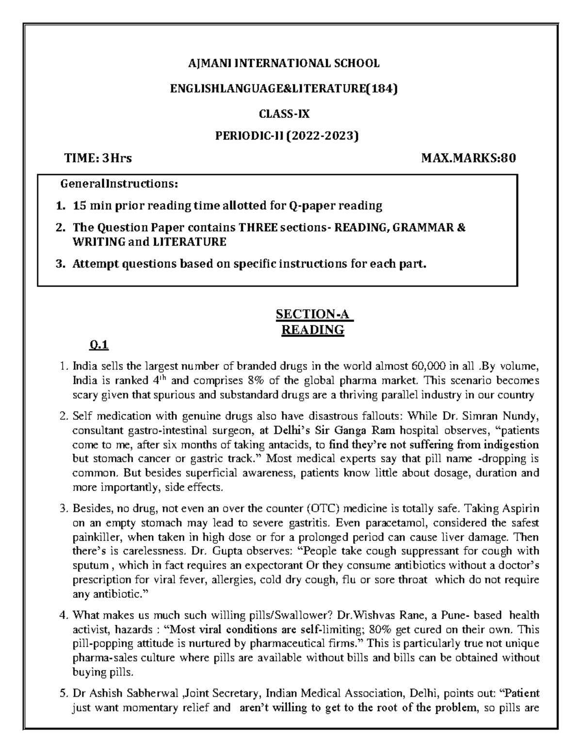 Class 9 - sample paper - AJMANI INTERNATIONAL SCHOOL ENGLISHLANGUAGE ...