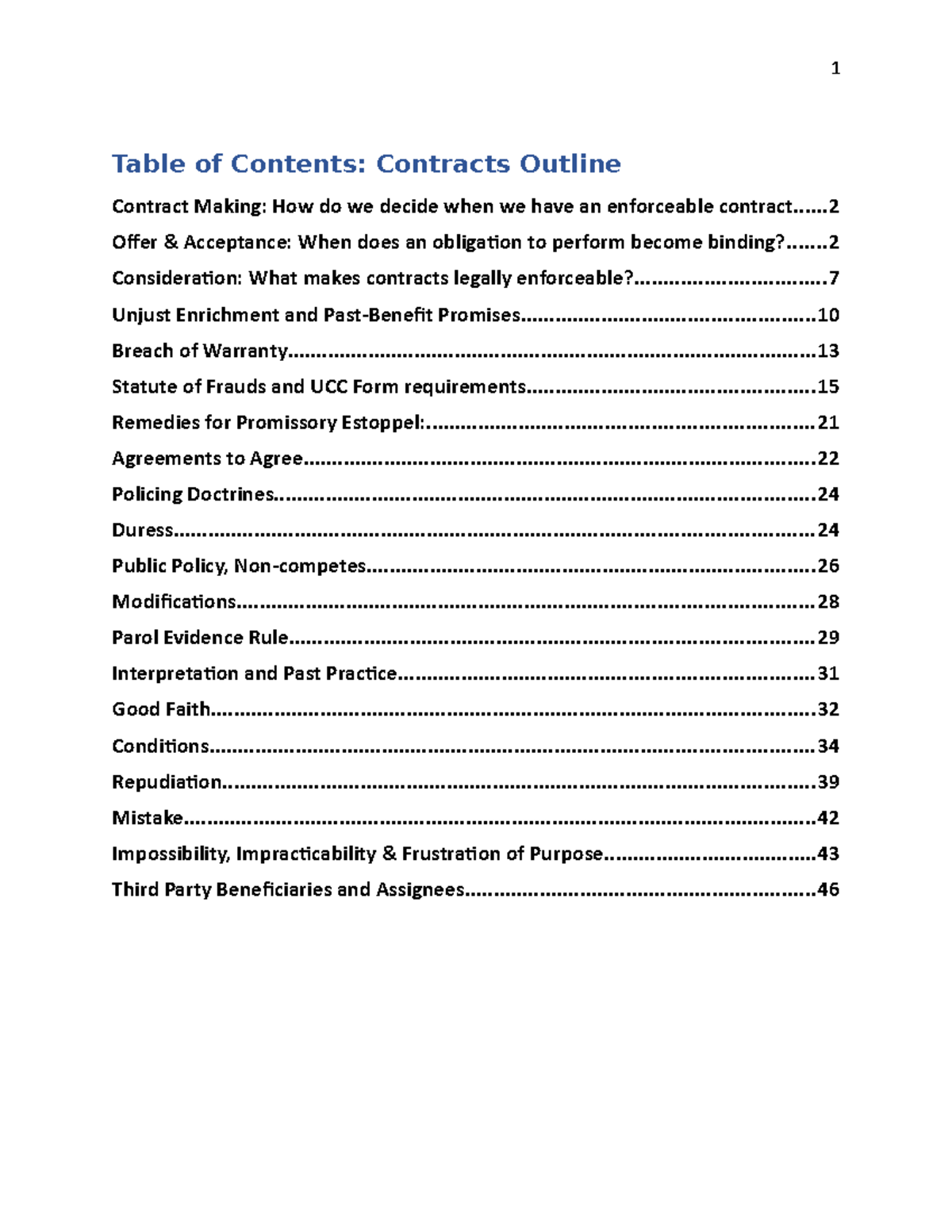 Contracts Best Outline - Table of Contents: Contracts Outline Contract ...