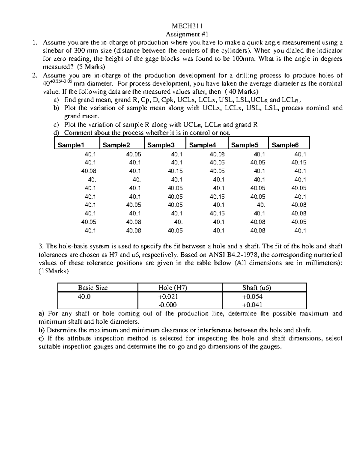 Assn1 2022 - first assignment - MECH Assignment 1. Assume you are the ...