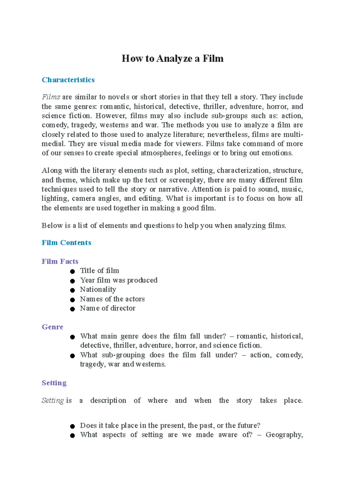 Analysis 1 - Lecture notes - How to Analyze a Film Characteristics ...