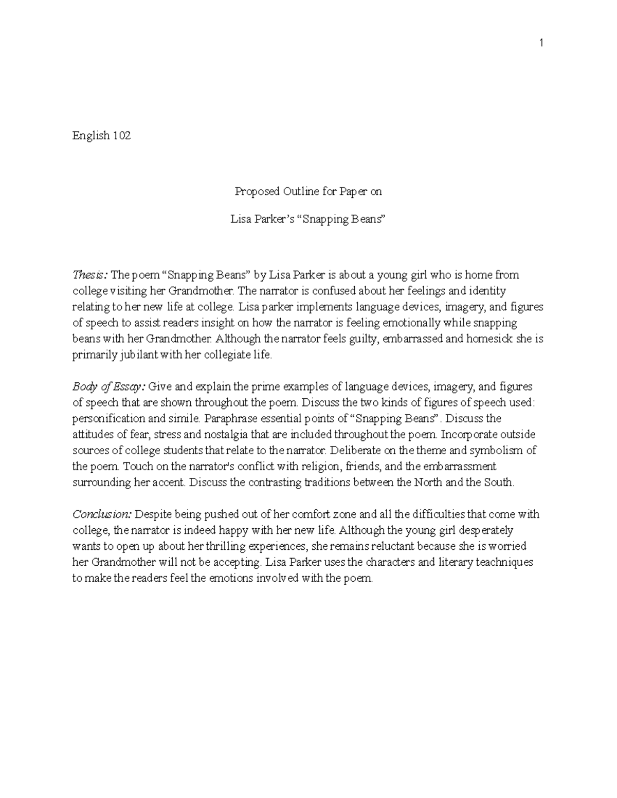 Snapping beans outline - 1 English 102 Proposed Outline for Paper on ...