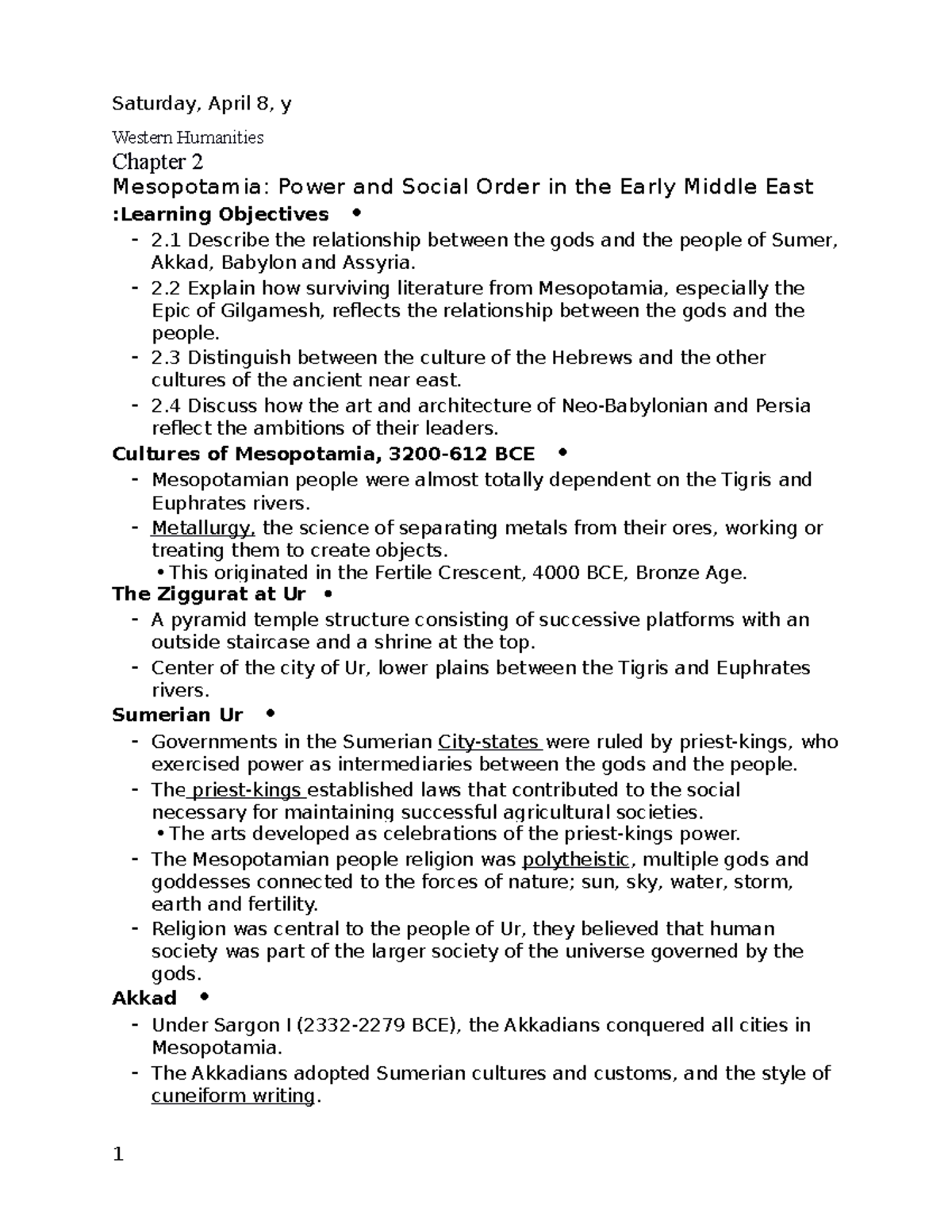 HUMchapter 2-notes - Chapter 2 textbook notes; The Ancient Near East ...
