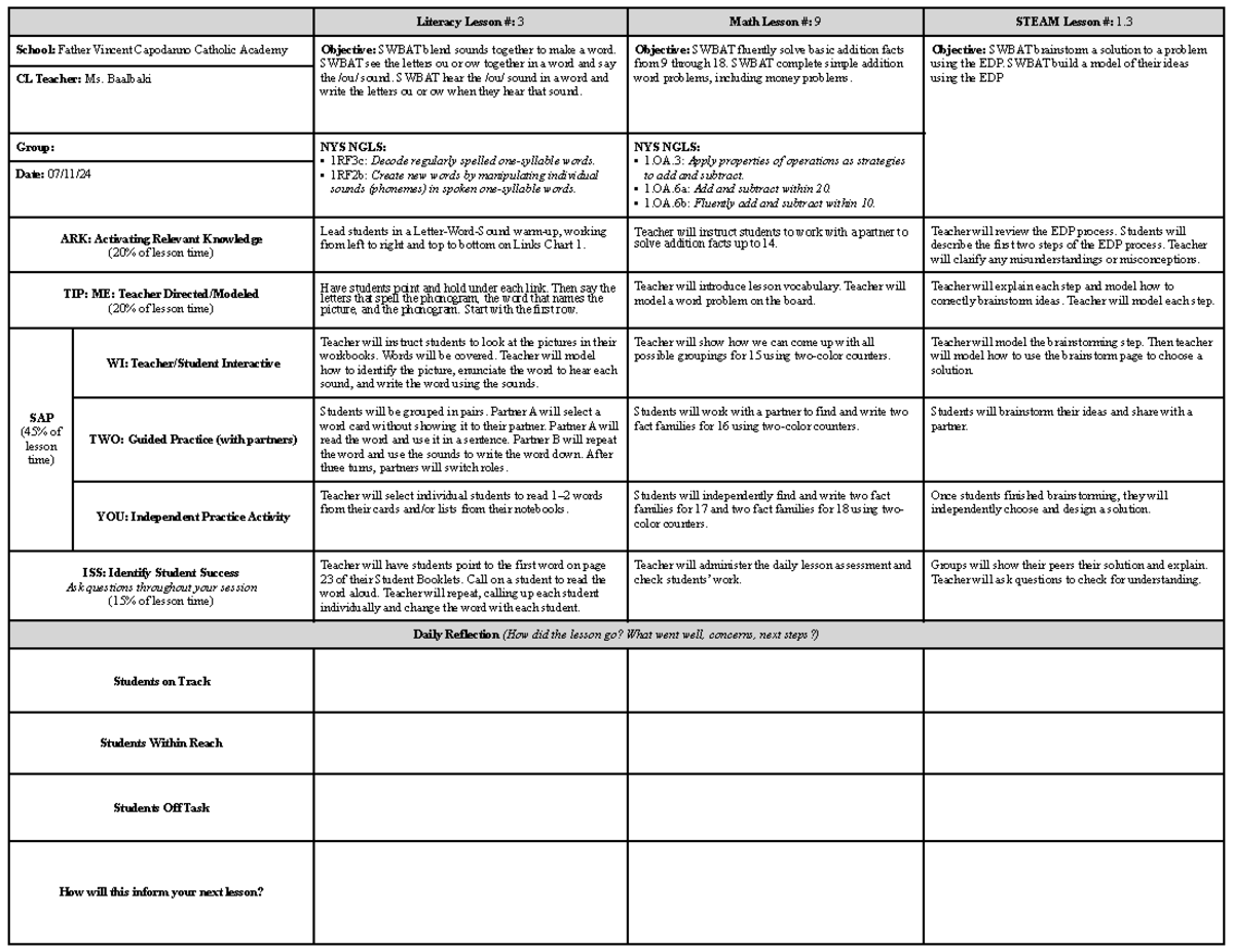 7:11:24 LP - Lesson Plan - Literacy Lesson #: 3 Math Lesson #: 9 STEAM ...