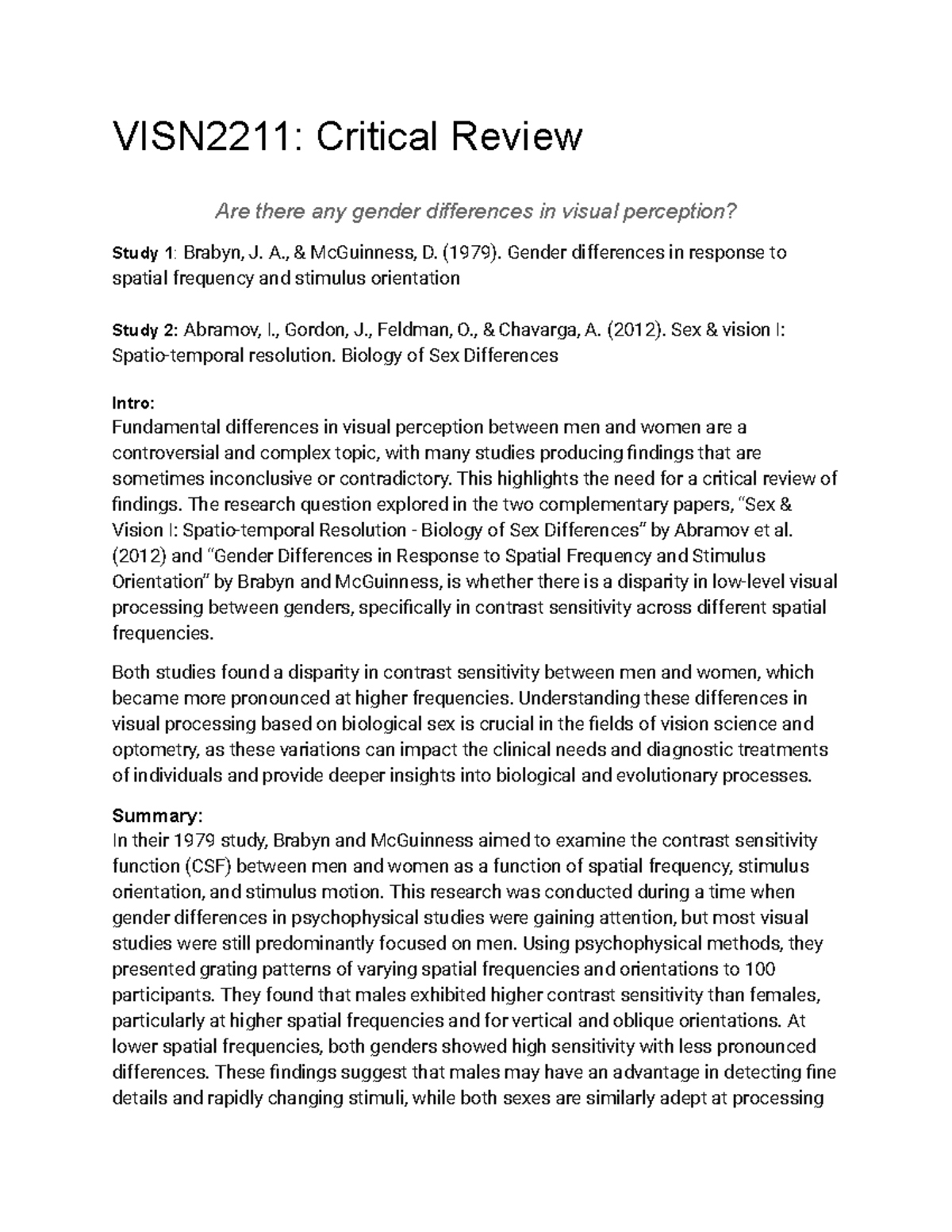 Edited critical review - VISN2211: Critical Review Are there any gender ...
