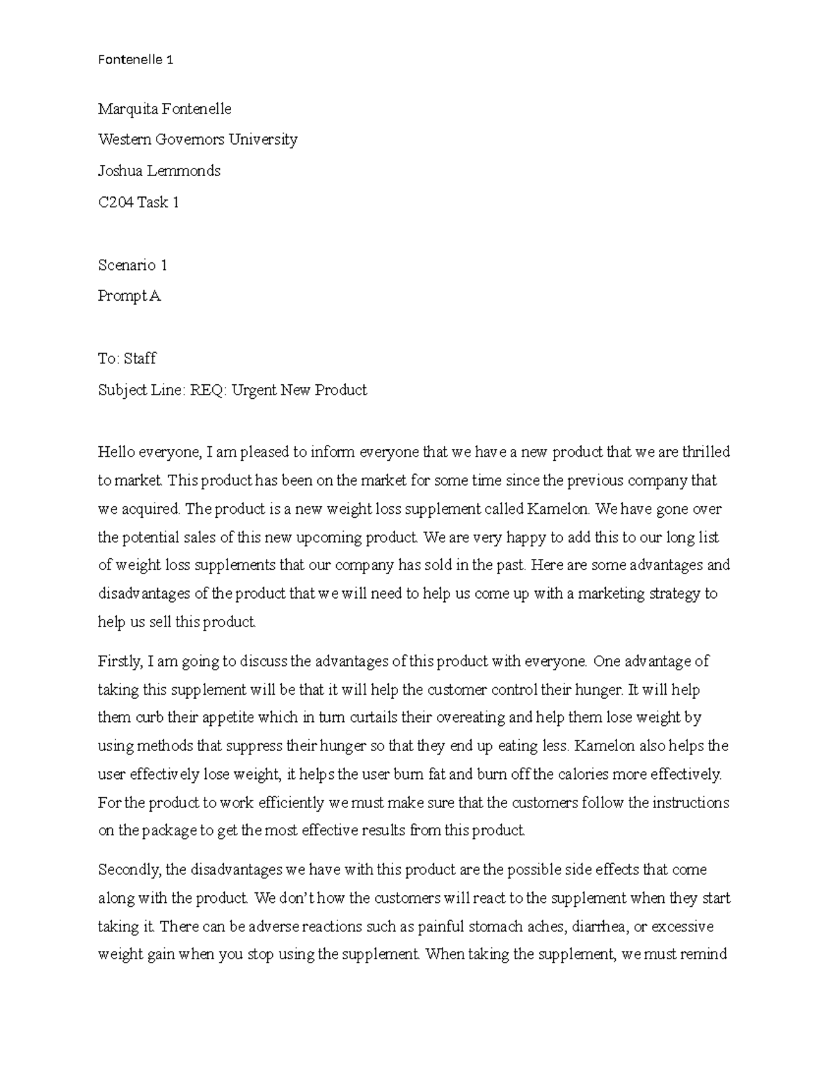 C204 Task 1 - Task 1 - Marquita Fontenelle Western Governors University ...