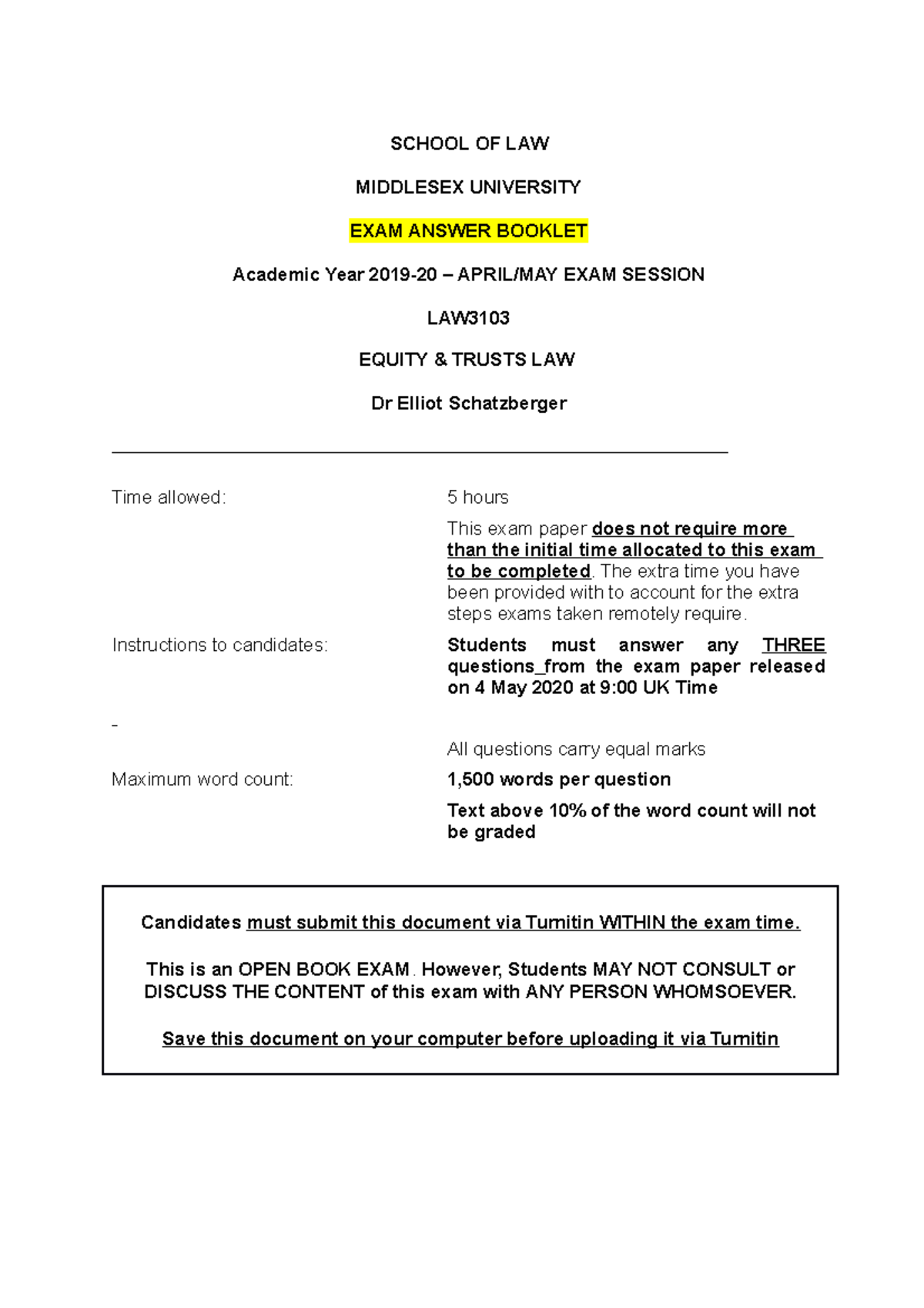 Equity and Trusts Exam paper May 2020 - SCHOOL OF LAW MIDDLESEX ...