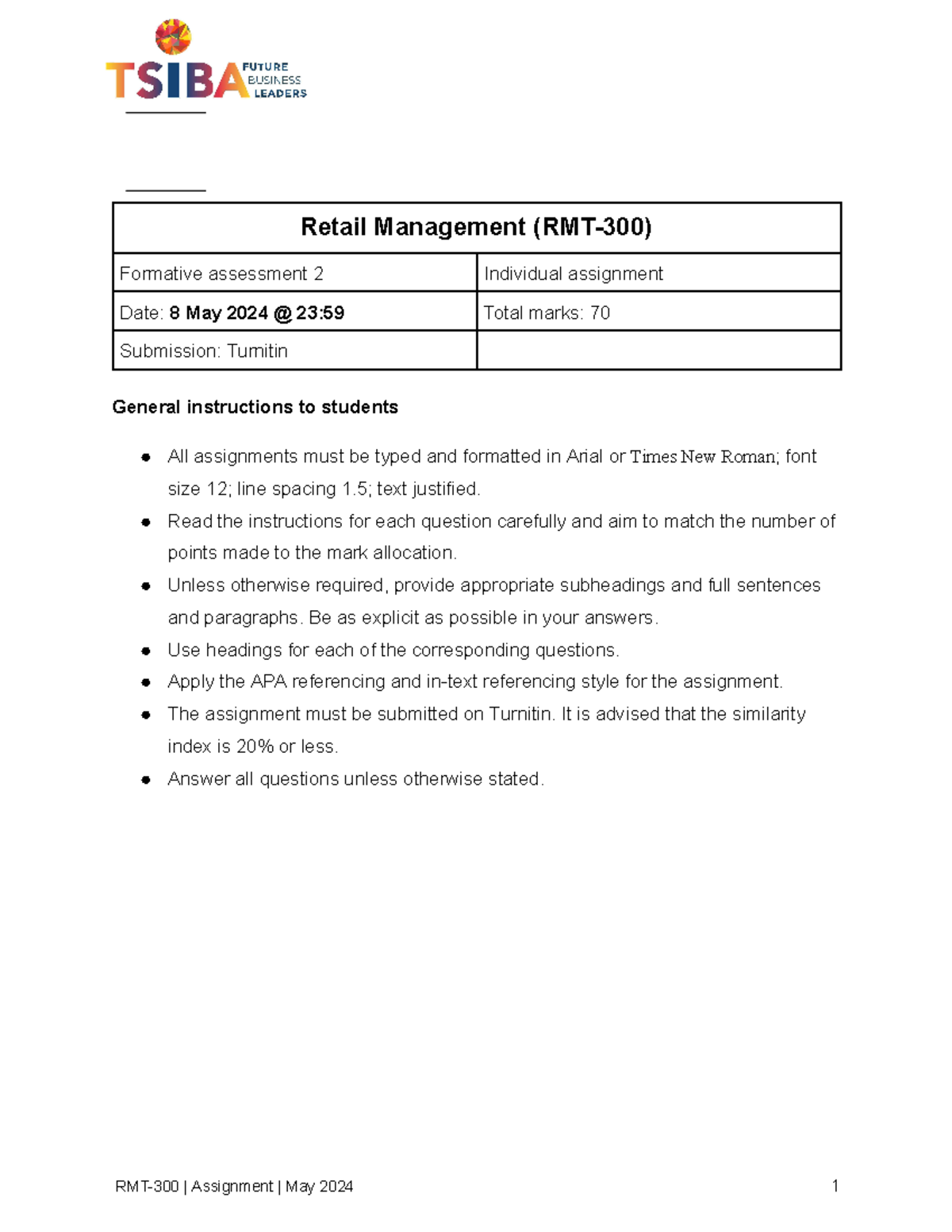 Formative Assessment for Retail Management - Retail Management (RMT-300 ...