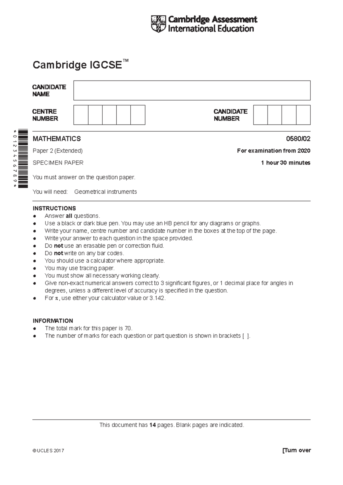 415739 2020 specimen paper 2 - Cambridge IGCSE ™ MATHEMATICS 0580 ...