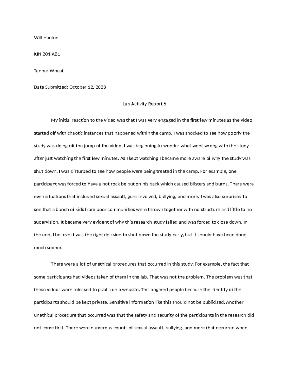 Lab Activity Report 6 - dddddd - Will Hanlon KIN 201 AB Tanner Wheat ...