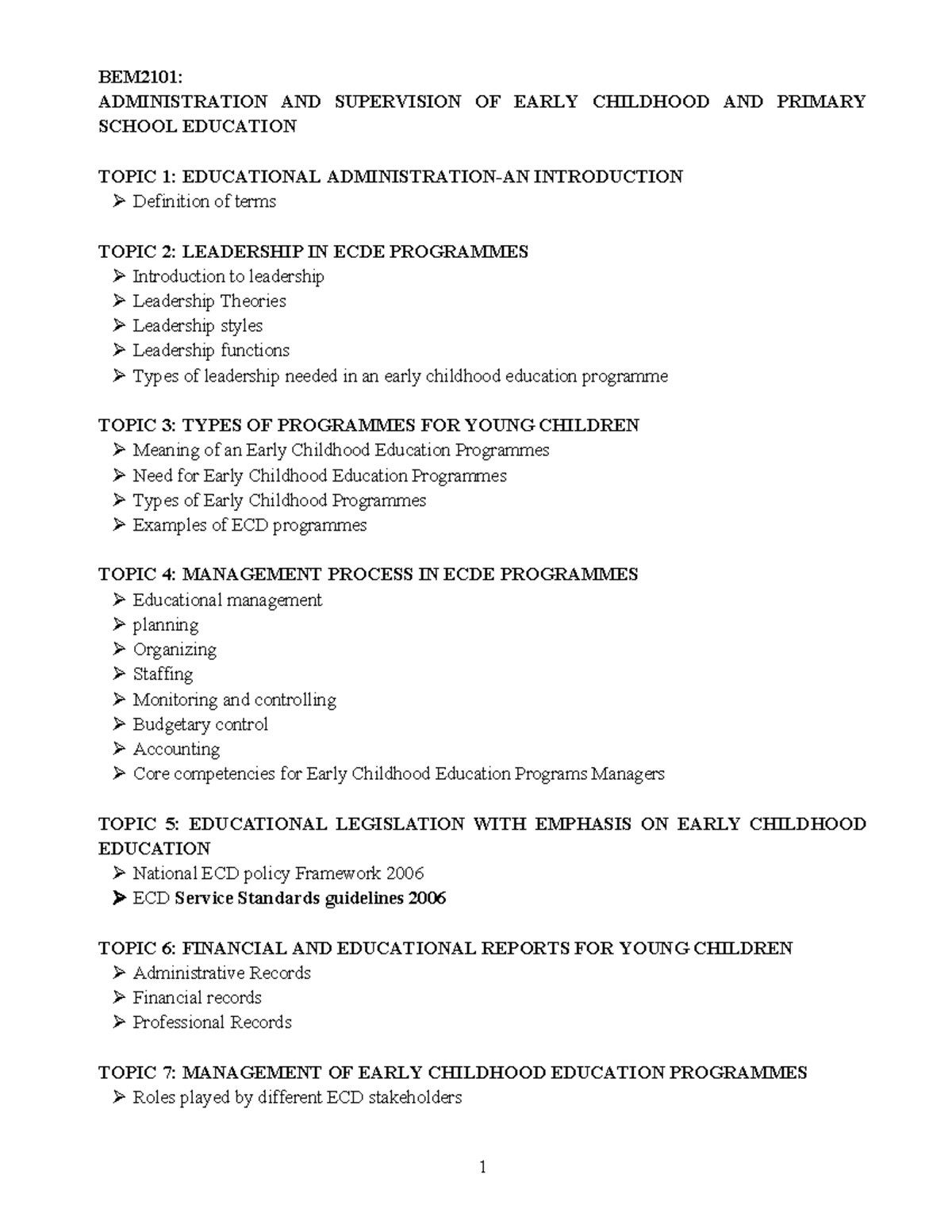 Admin And Supervn of ECD; Notes ORGD - BEM2101: ADMINISTRATION AND ...