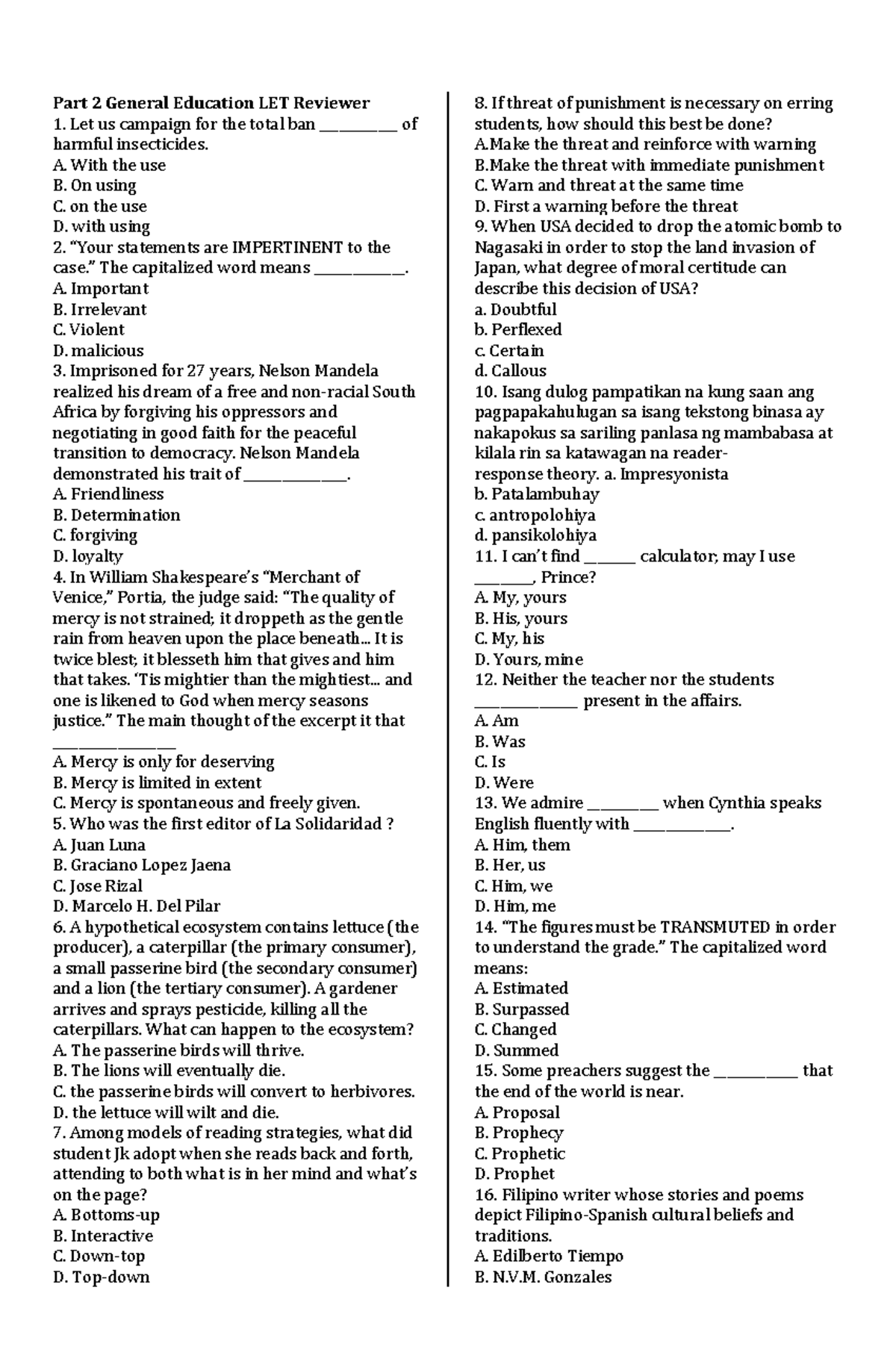 LET Reviewer Part 2 General Education with KEY - Part 2 General ...