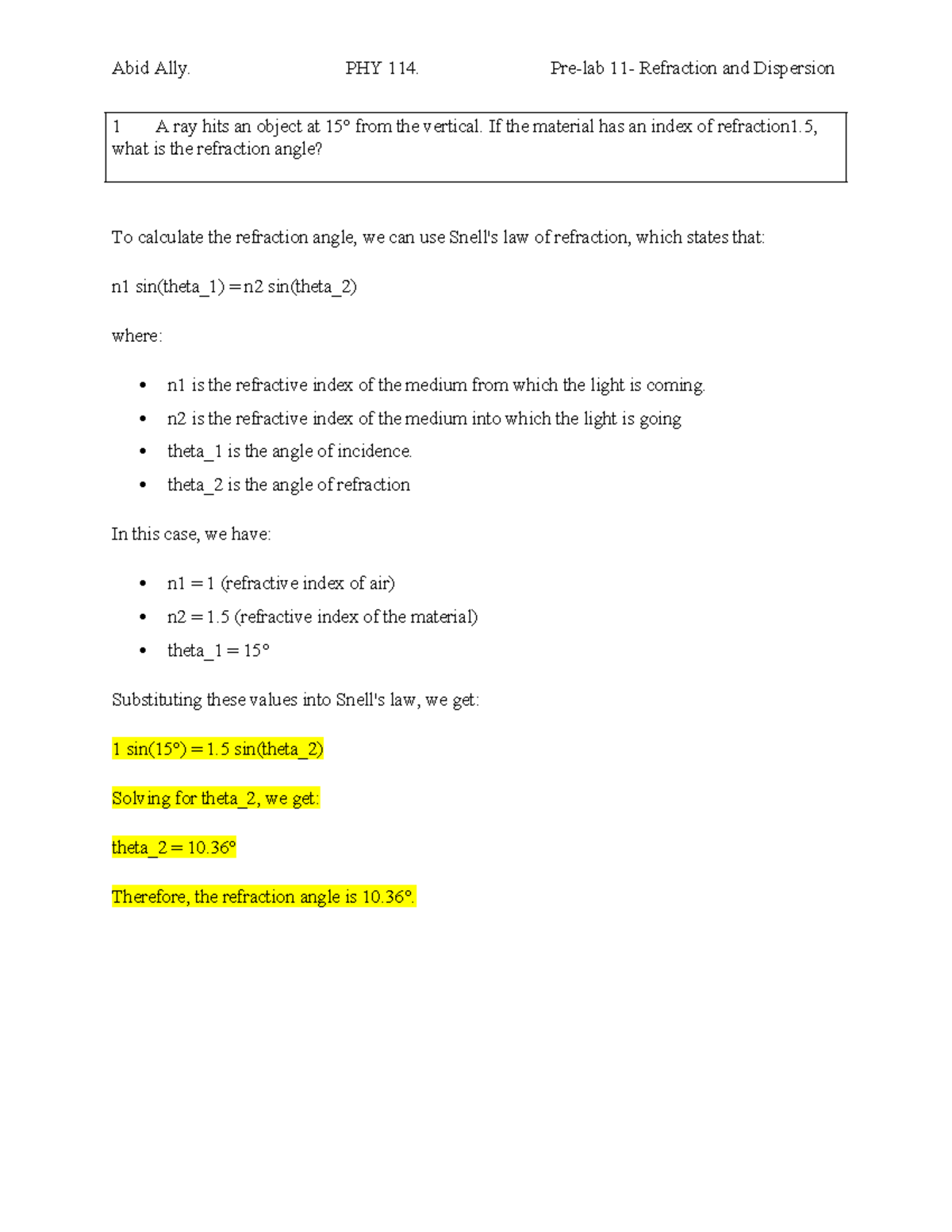 Pre lab 11- Refraction and Dispersion - Abid Ally. PHY 114. Pre-lab 11- Refraction and ...
