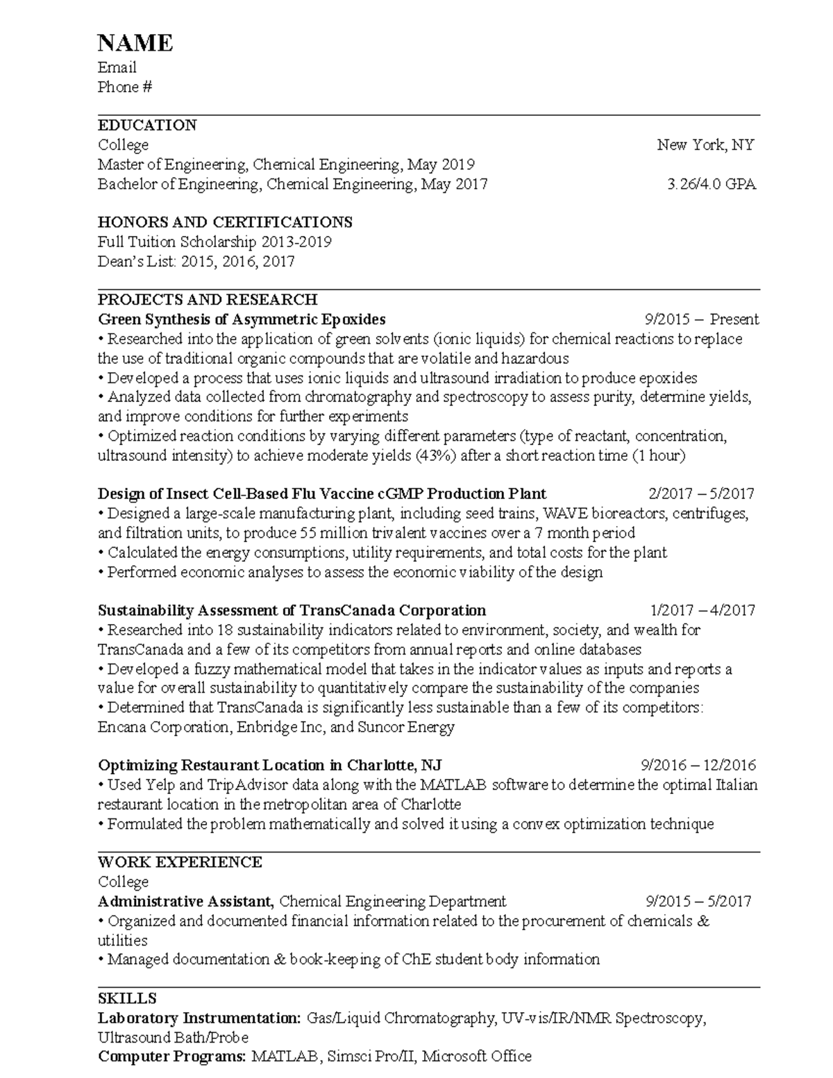 Sample Resume 1 for Life Sci NYC website - NAME Email Phone # EDUCATION ...