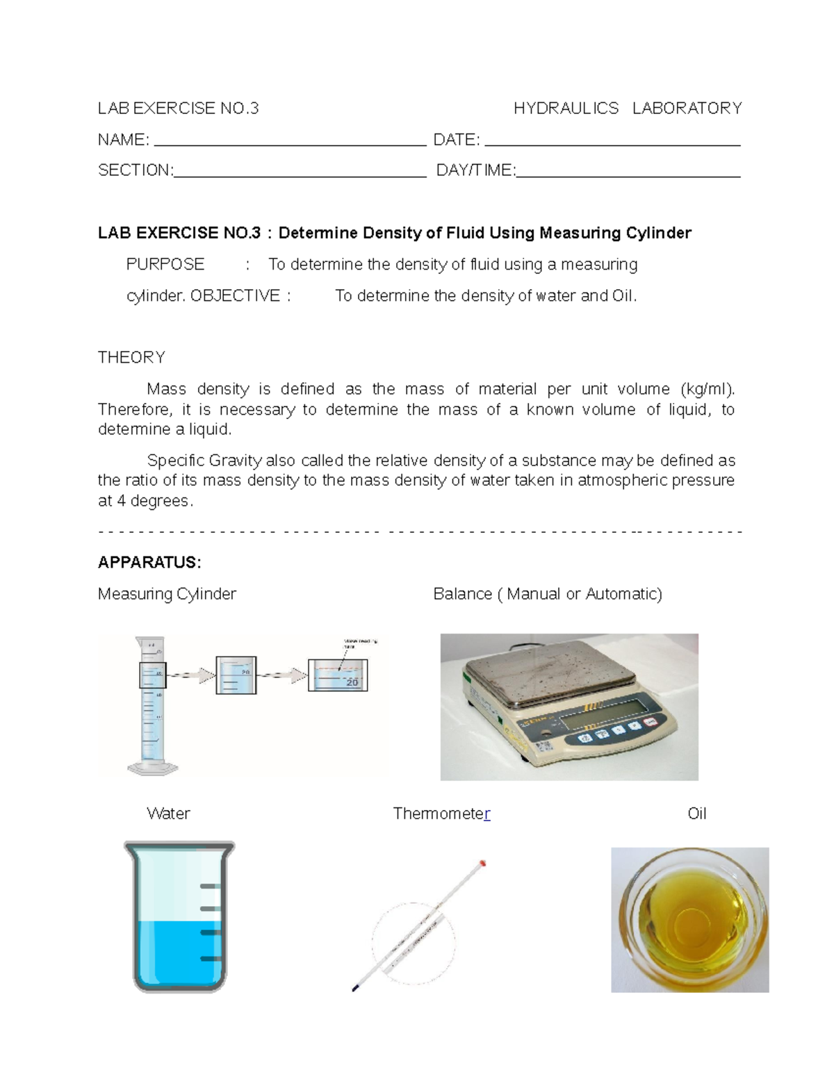 Laboratory-Excercise-No - LAB EXERCISE NO HYDRAULICS LABORATORY NAME: DATE: SECTION: DAY/TIME ...