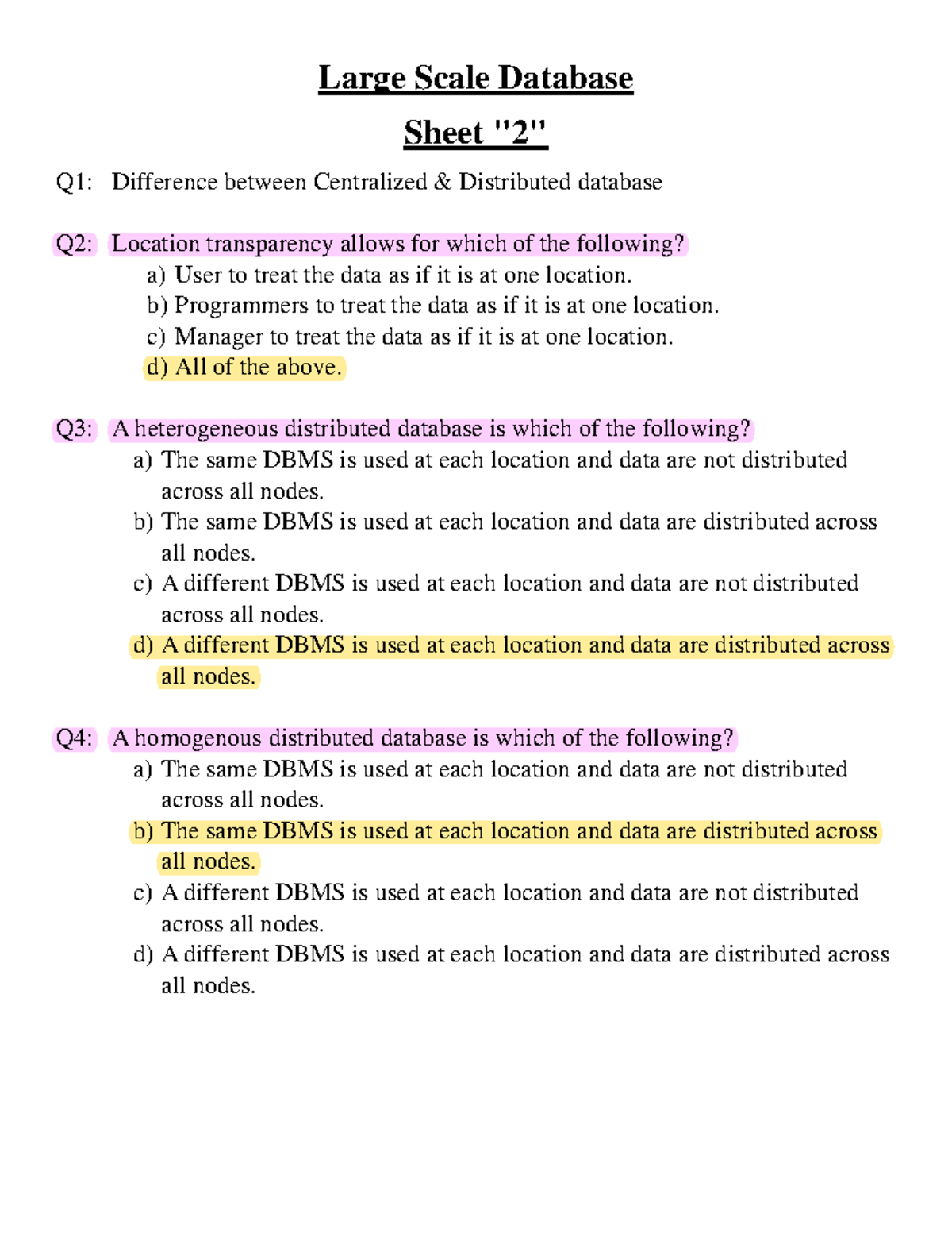 Sheet 2, Large Scale DB - Large Scale Database Sheet "2" Q1: Difference ...