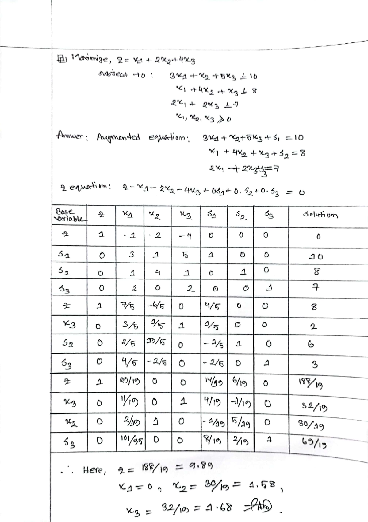 Simplex LP model solve - [III Maximize, 2= X1 + 2x2+4x3 subject to : 3x1 + x2 +5k3 10 VI + 4x2 ...
