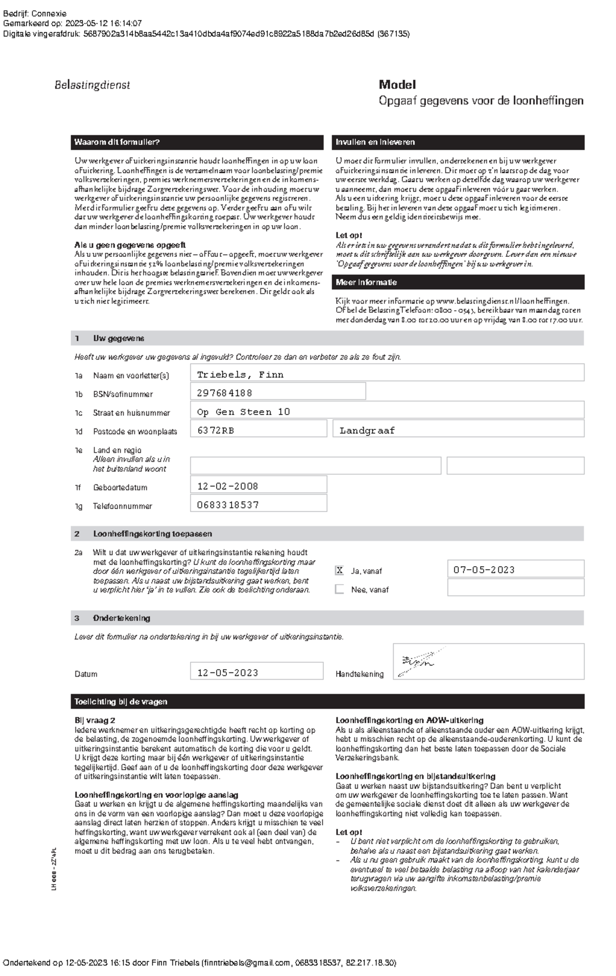 Loonbelastingverklaring - 12345 Model Opgaaf gegevens voor de ...