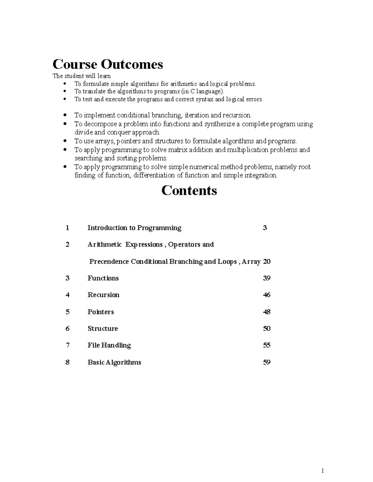 Rogramming FOR Problem Solving Using C EE - Course Outcomes The student ...