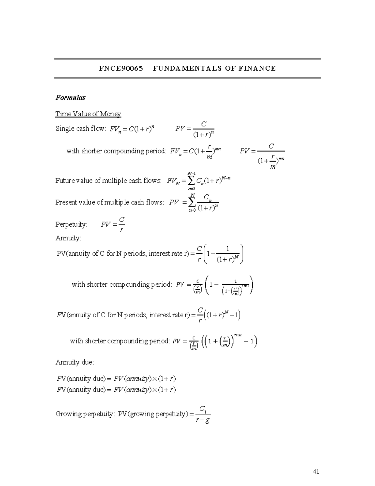 Formula sheet 90065 - FNCE90065 FUNDAMENTALS OF FINANCE Formulas Time ...