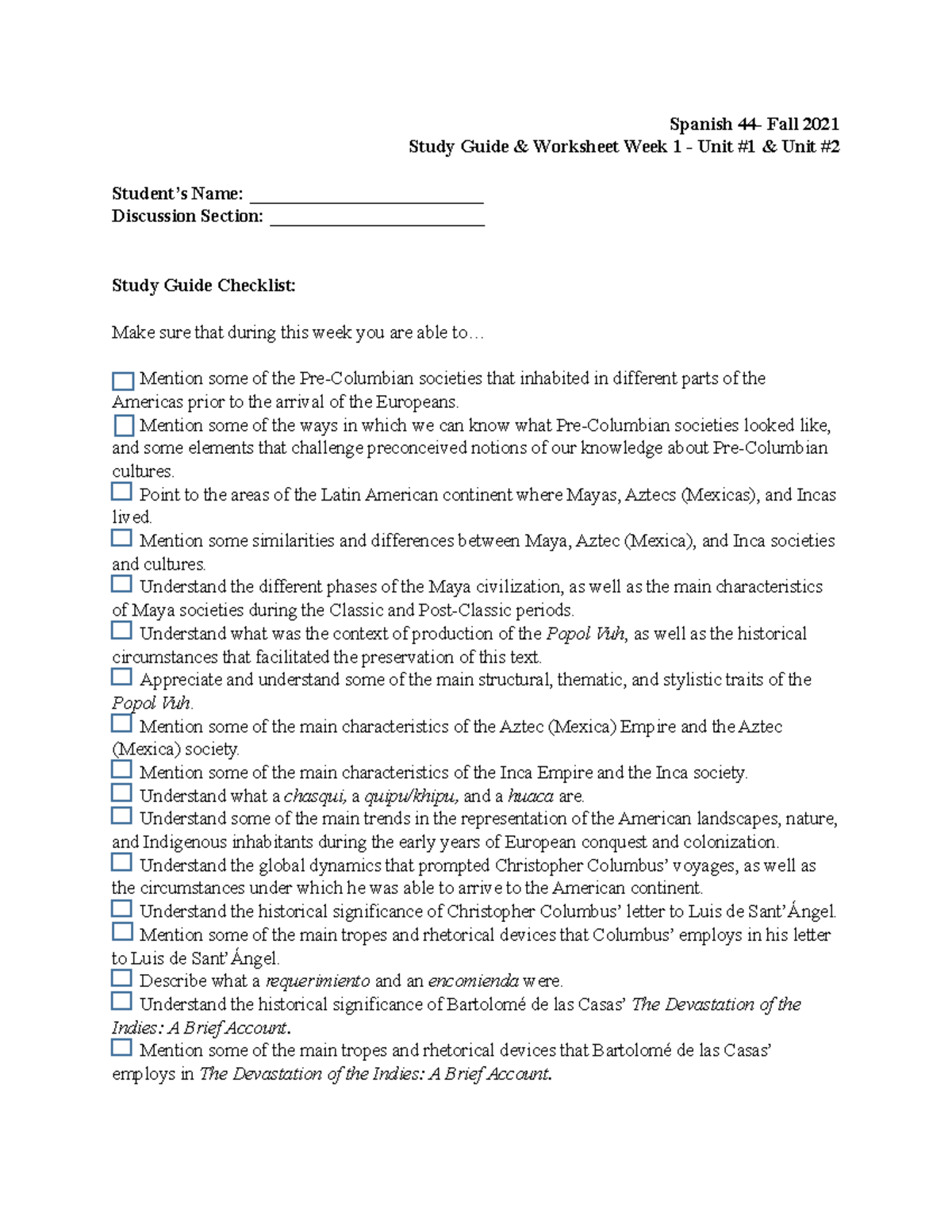 Study Guide Worksheet Week 1 - Spanish 44- Fall 2021 Study Guide ...
