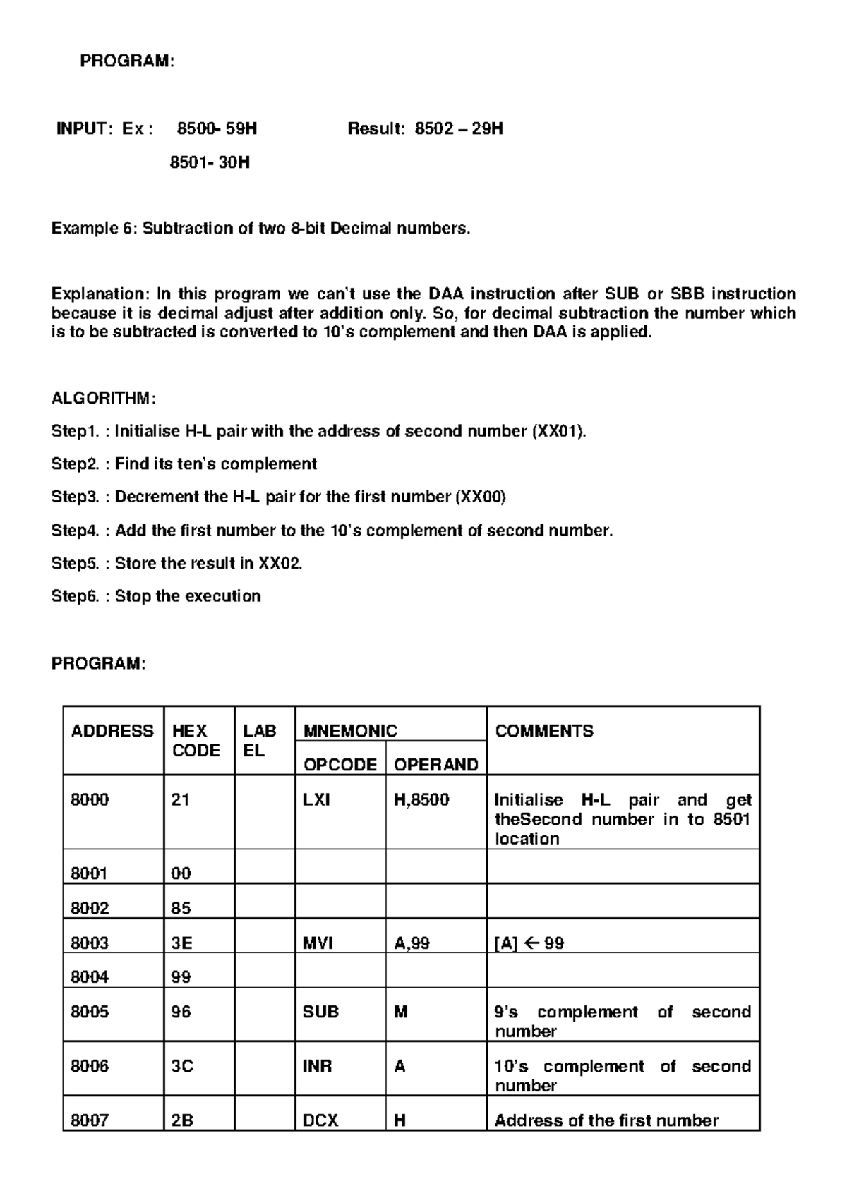 Microprocessor and architecture processor-2 - PROGRAM: INPUT: Ex : 8500 ...