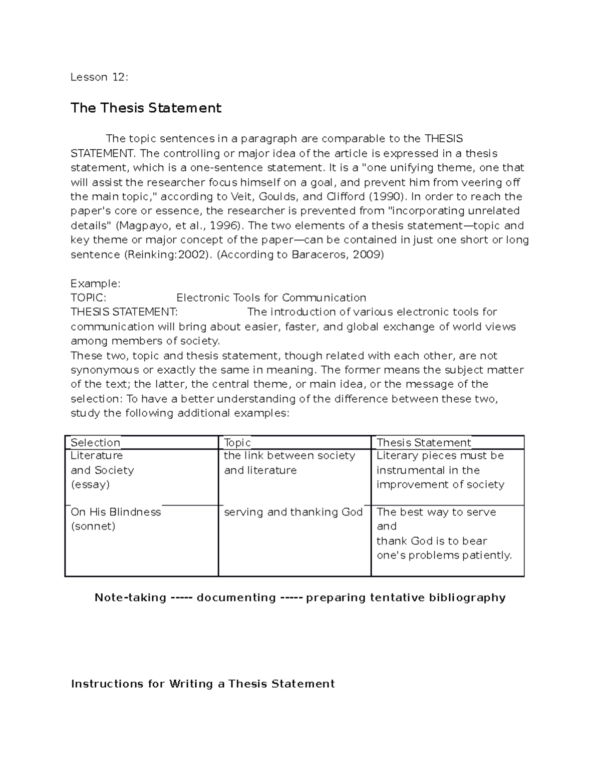 Lesson 12 The Thesis Statement - Lesson 12: The Thesis Statement The ...