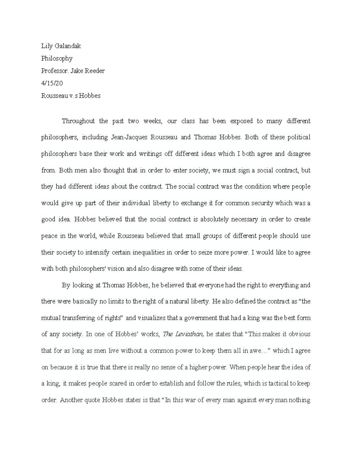 PHIL rousseau vs hobbes - Lily Galandak Philosophy Professor. Jake ...
