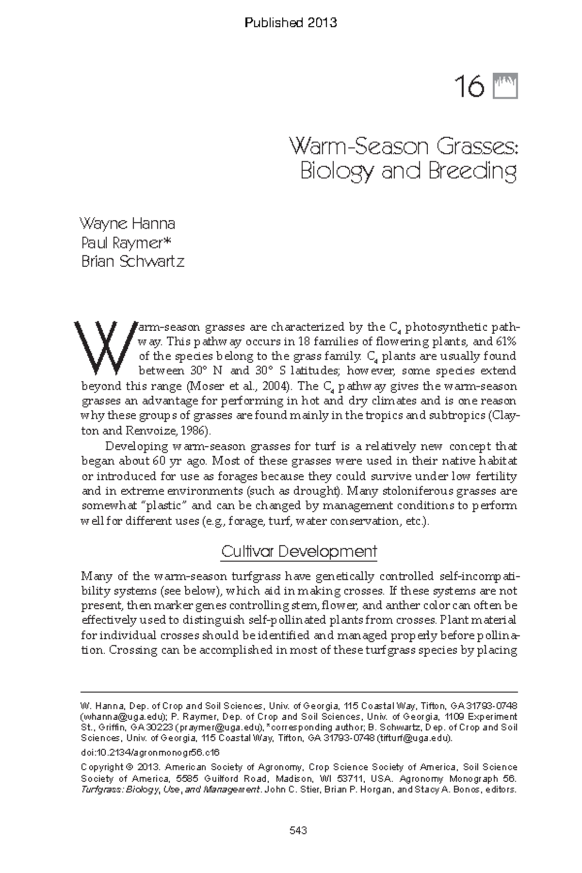 Bio and breeding of turfgrasses - 543 16 Warm-Season Grasses: Biology ...