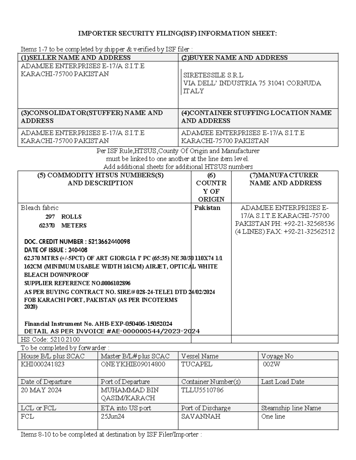 ISF Adamjee 14 - ddd - IMPORTER SECURITY FILING(ISF) INFORMATION SHEET ...