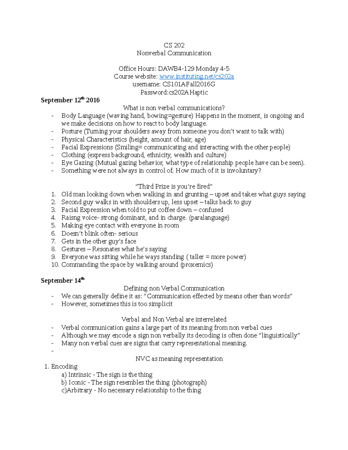 CS 202 Lecture Notes - CS 202 Nonverbal Communication Office Hours ...