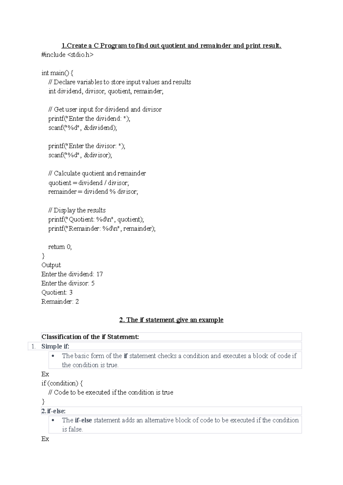 C Programming Language 1 A C Program To Find Out Quotient And Remainder And Print Result