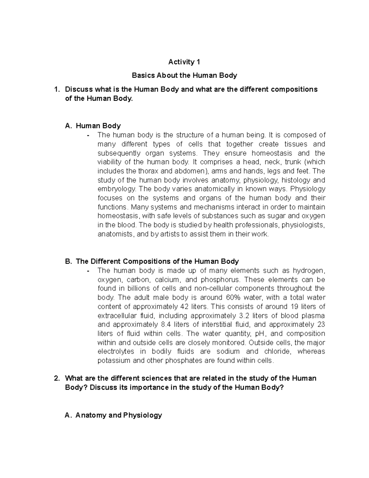 Human body - Anaphy - Activity 1 Basics About the Human Body Discuss ...