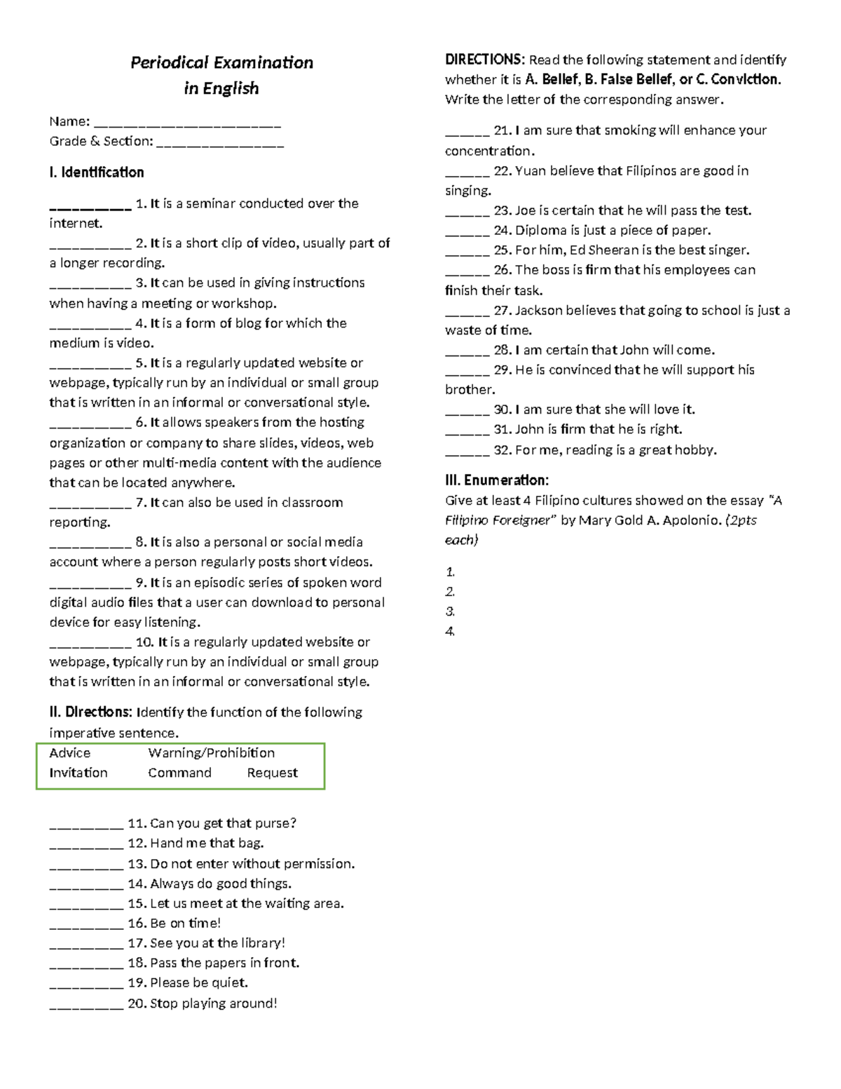 English 3rd Periodical Examination - Periodical Examination in English ...