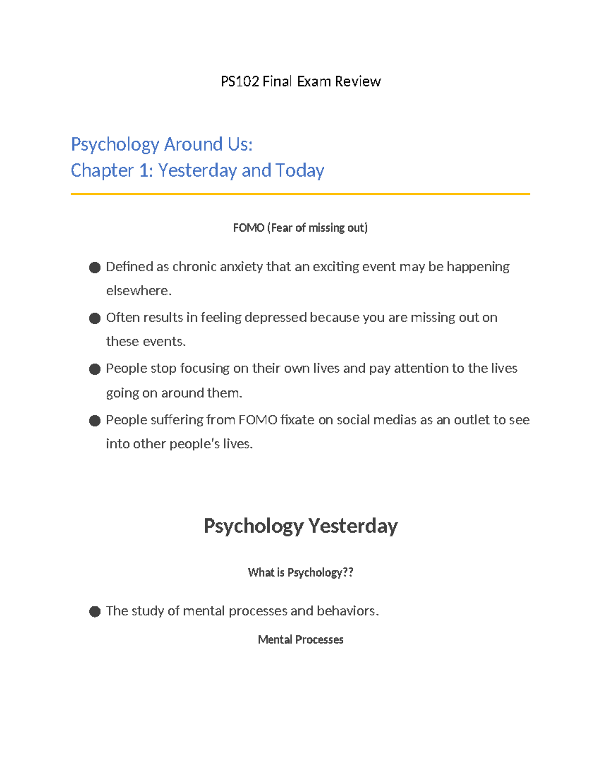 PS102 Final Exam Review - PS102 Final Exam Review Psychology Around Us ...