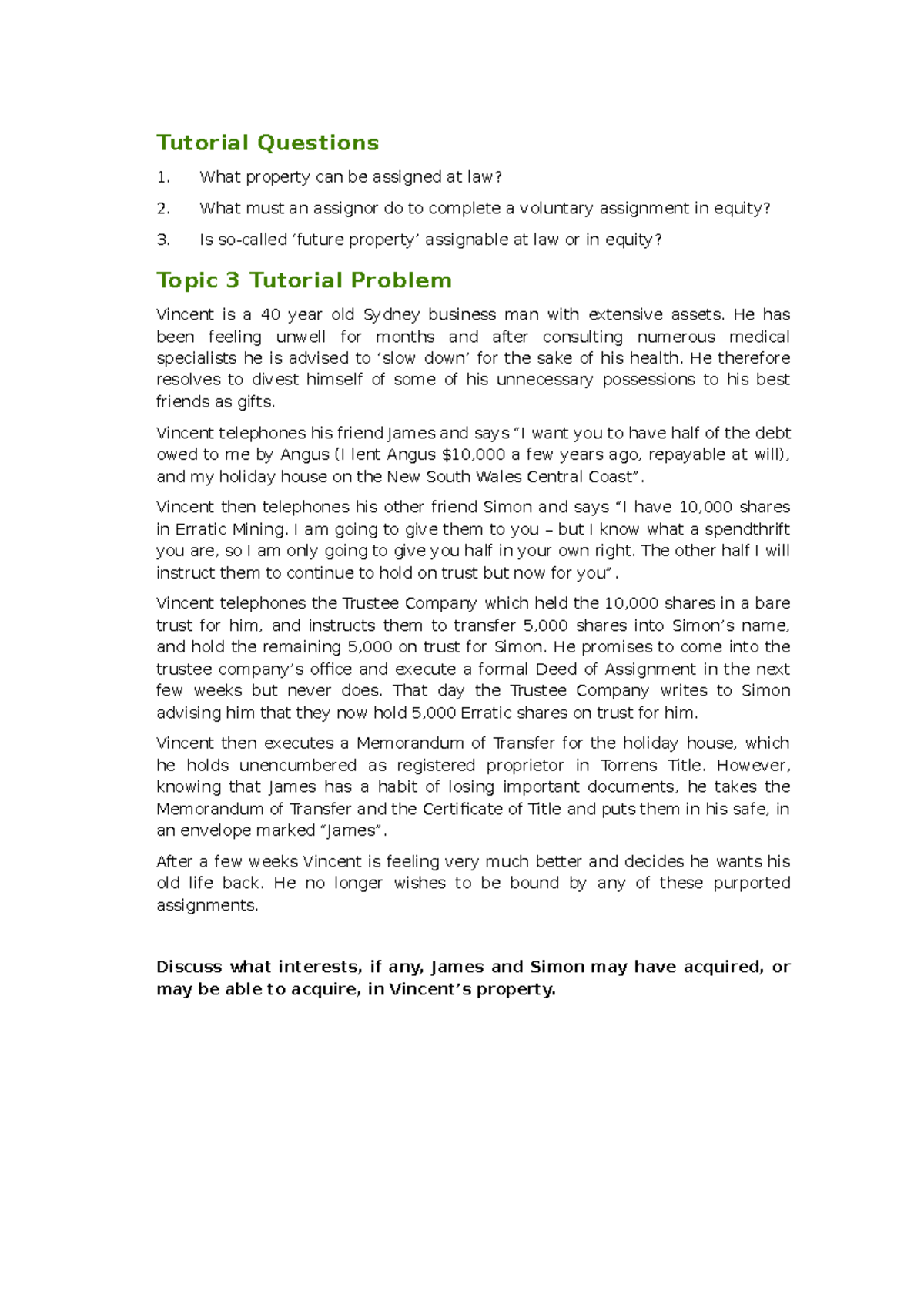 Tutorial Questions-3 - Topic 3 of Equity and Trust - Tutorial Questions ...