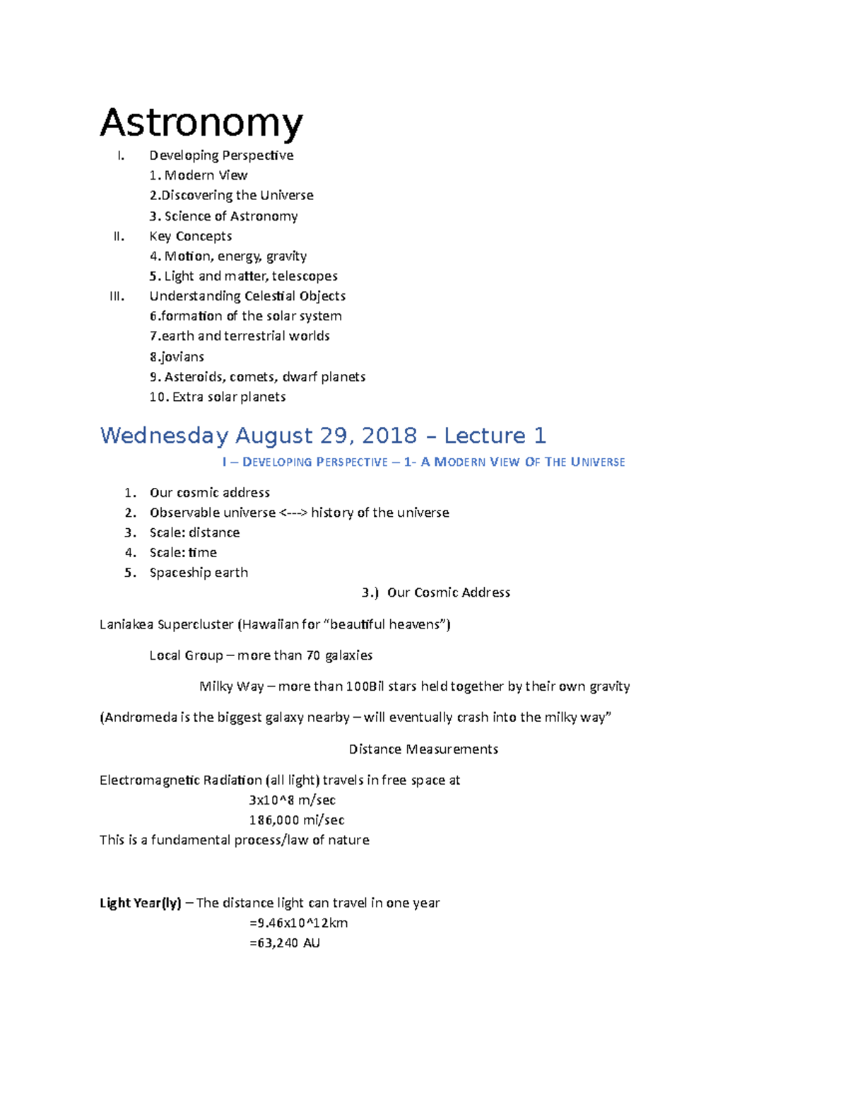 Astronomy Notes - Professor Holtz, Lectures 1-2, Chapter 1 - Astronomy ...