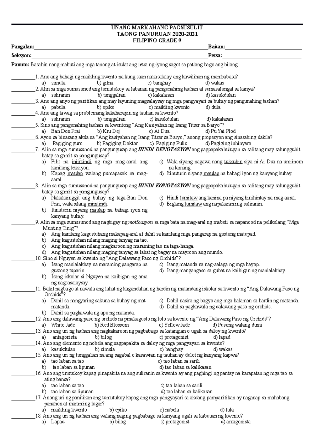First Quarter EXAM Filipino 9 - UNANG MARKAHANG PAGSUSULIT TAONG ...