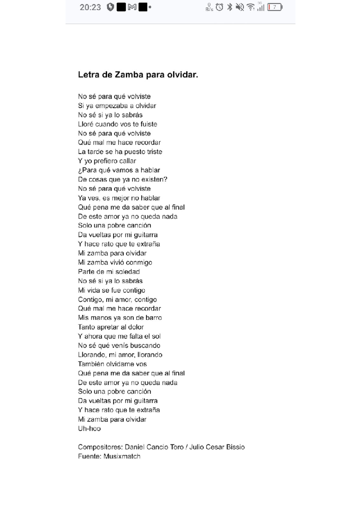 Musica - N.. - 20:23 M 0 3G B/s 7 Letra de Zamba para olvidar. No sé ...