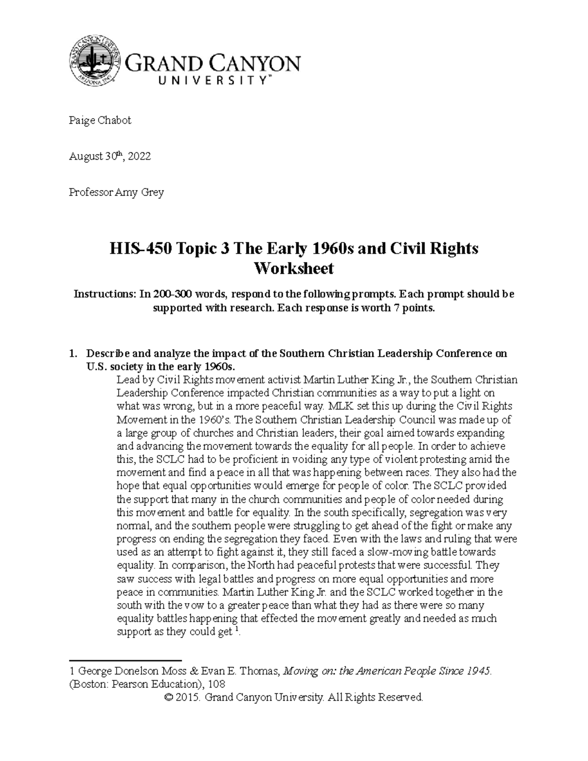 HIS-450 Topic 3 The Early 1960s and Civil Rights Worksheet - Paige ...