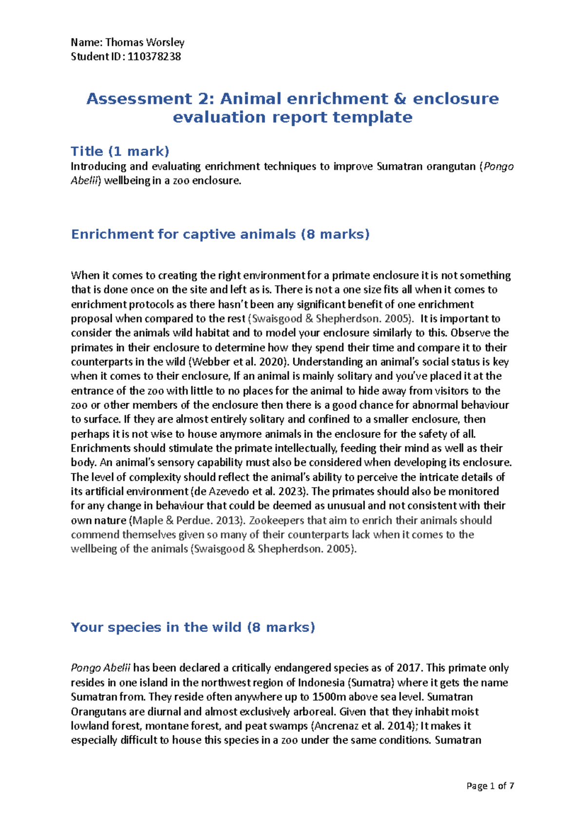 2023 Assessment 2 Animal Enrichment Enclosure Evaluation Report ...
