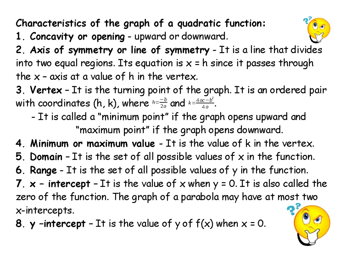 IM's - Summary Chemistry - Characteristics of the graph of a quadratic ...
